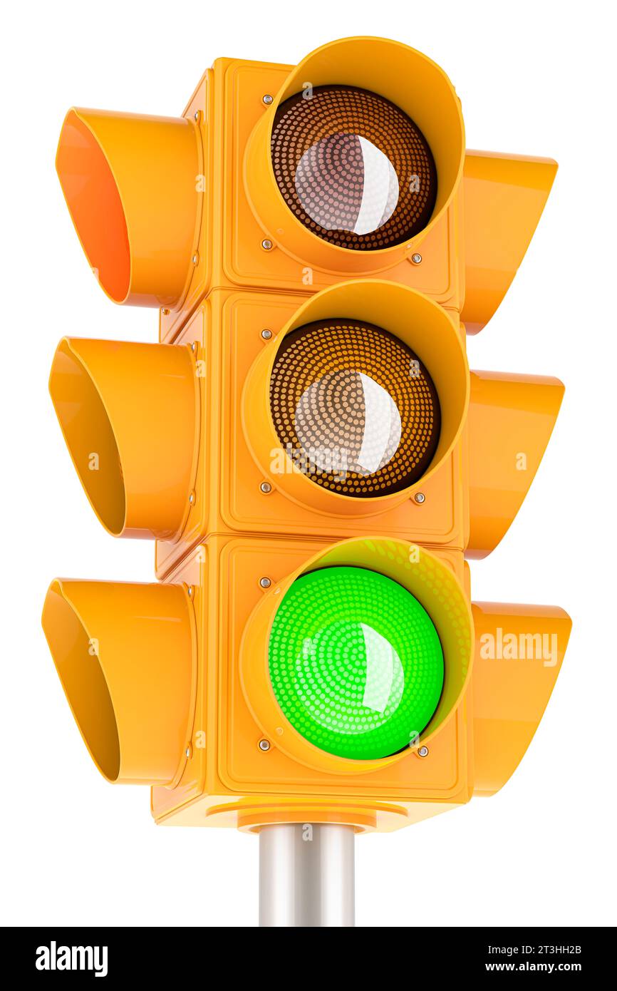 Yellow traffic signal with green color, 3D rendering isolated on white ...