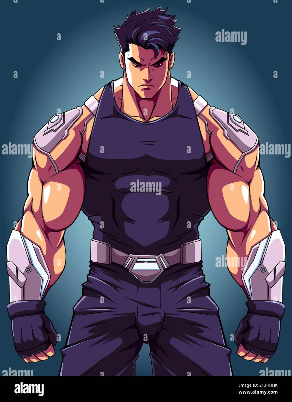 Illustration of angry high tech muscular manga superhero looking at ...