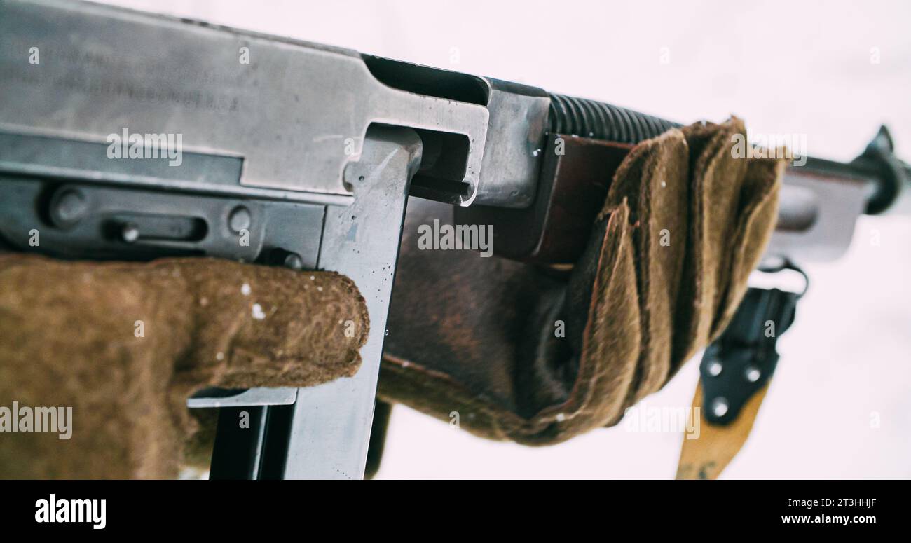 Usa Soldier With Old Thompson Sub-machine Gun. Close-up View Detail On ...