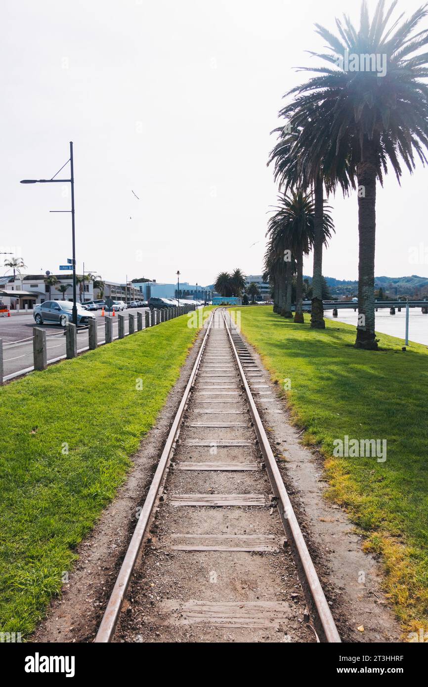 old disused railway tracks along the Turanganui River mouth in Gisborne ...