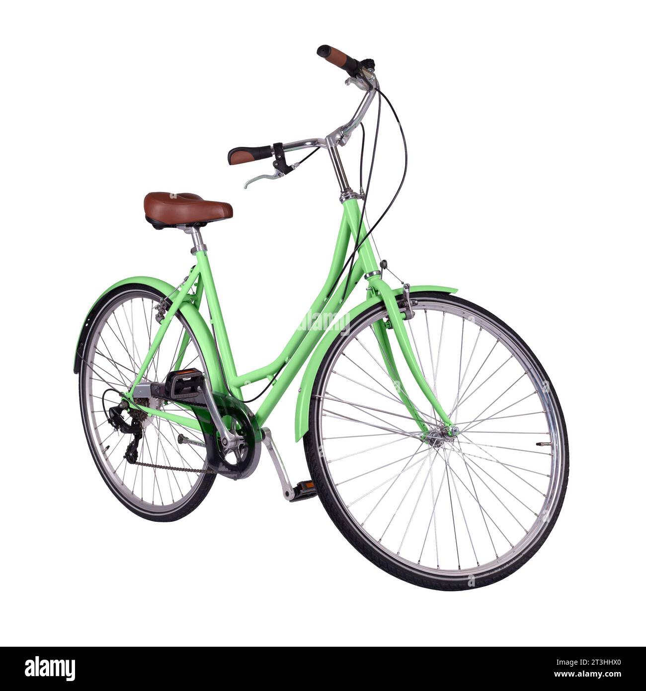 Green retro bicycle with brown saddle and handles, generic bike side ...