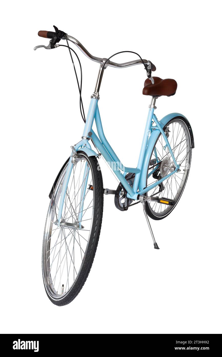 Blue retro bicycle with brown saddle and handles, generic bike front ...