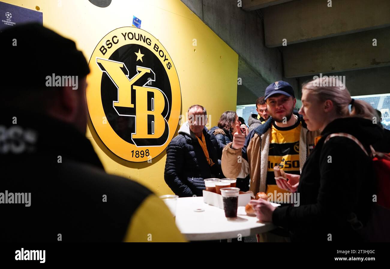Fans on a concourse in the stands during the UEFA Champions League ...