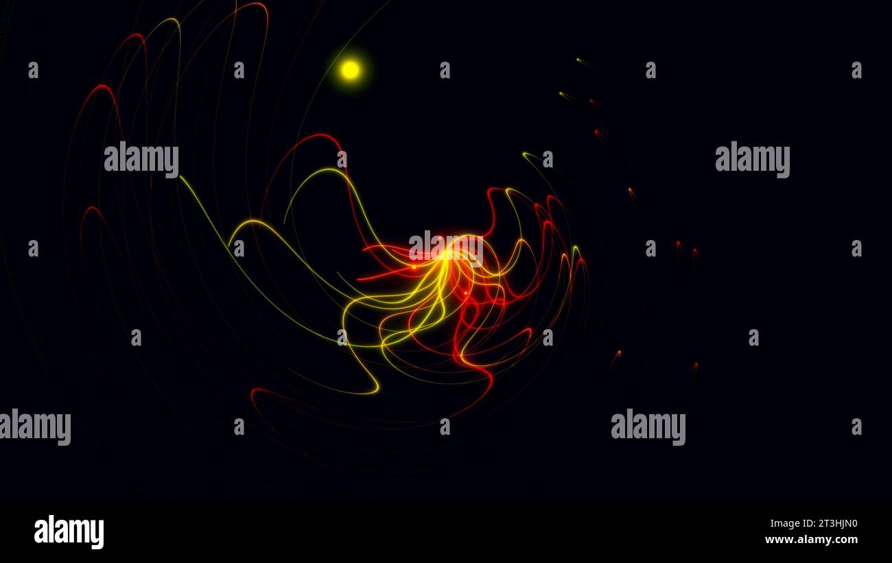 Multi-colored particles scattered from a point rotating source. Curved ...