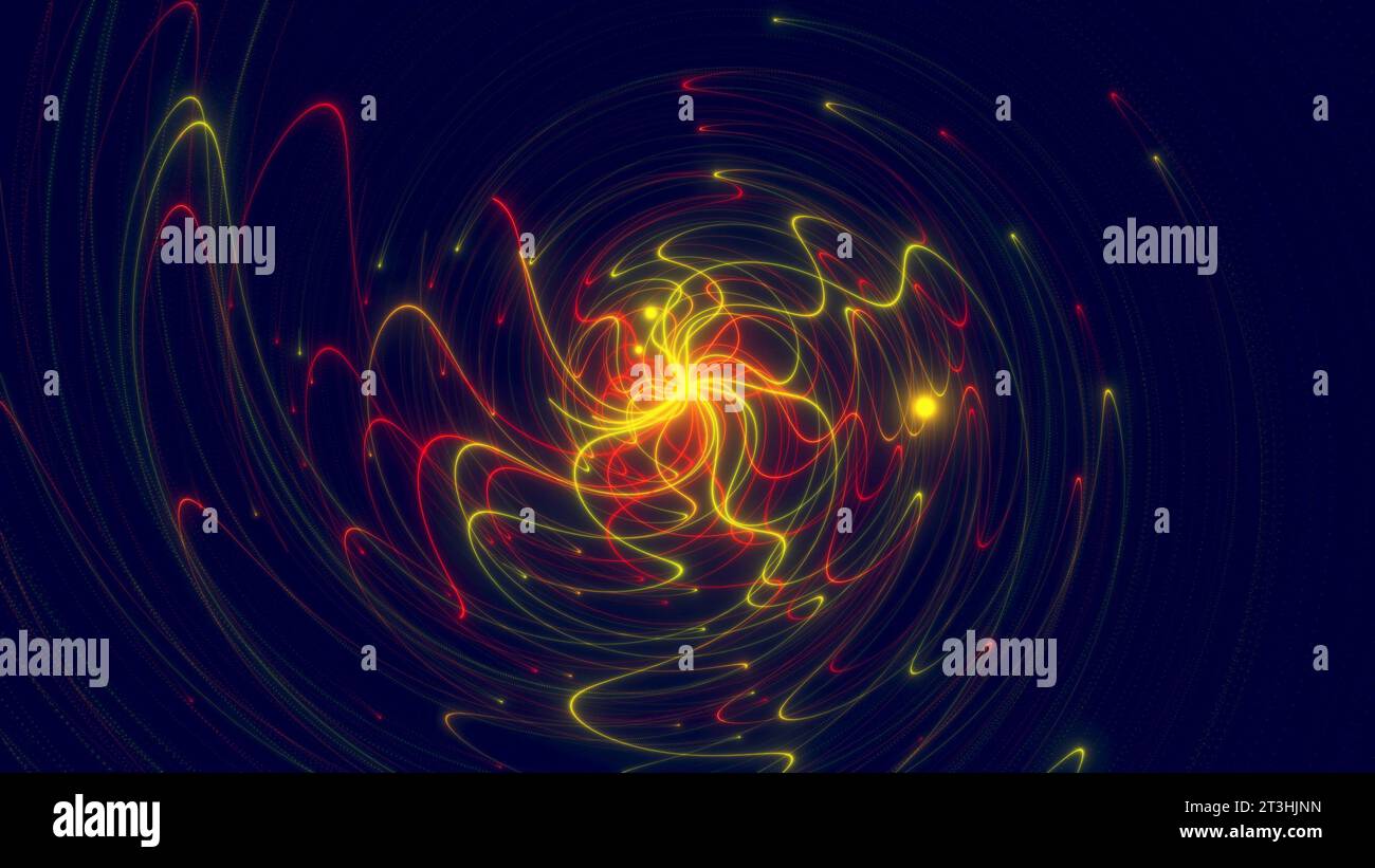 Multi-colored particles scattered from a point rotating source. Curved ...