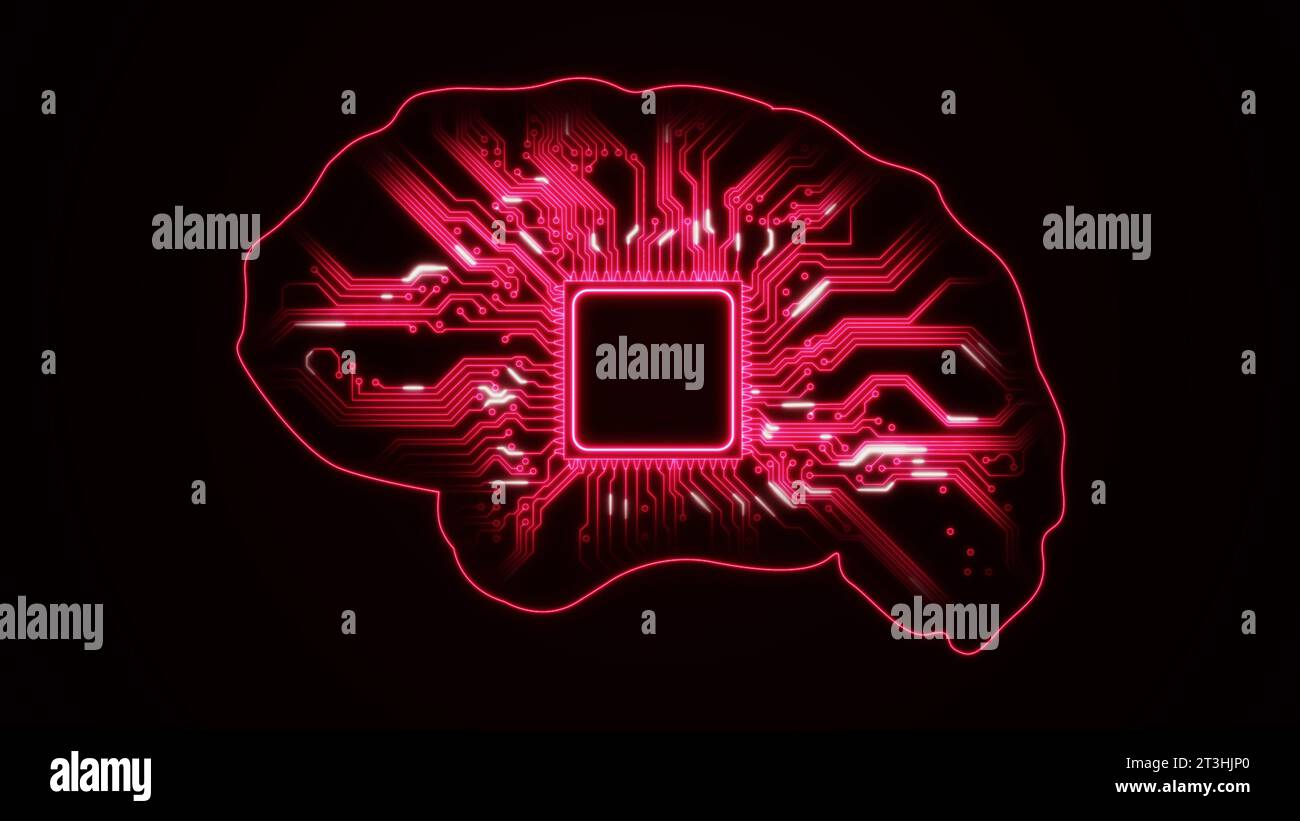 Abstract human brain with an electronic chip inside. Electrical ...