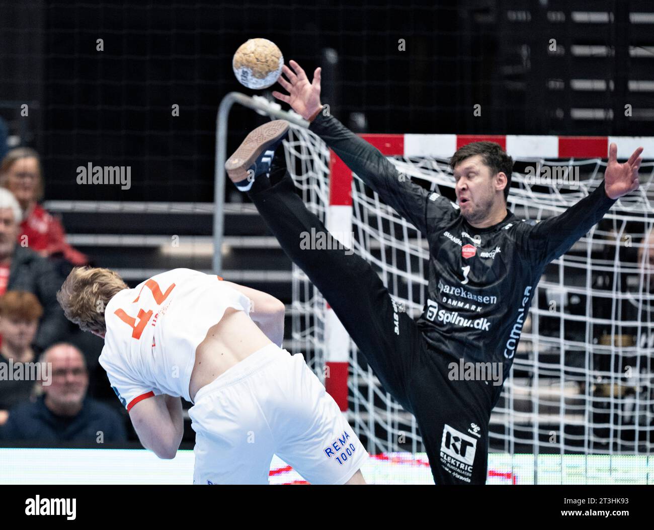 Aalborg Handball's goalkeeper Niklas Landin saves in the Champions League men's handball match ...