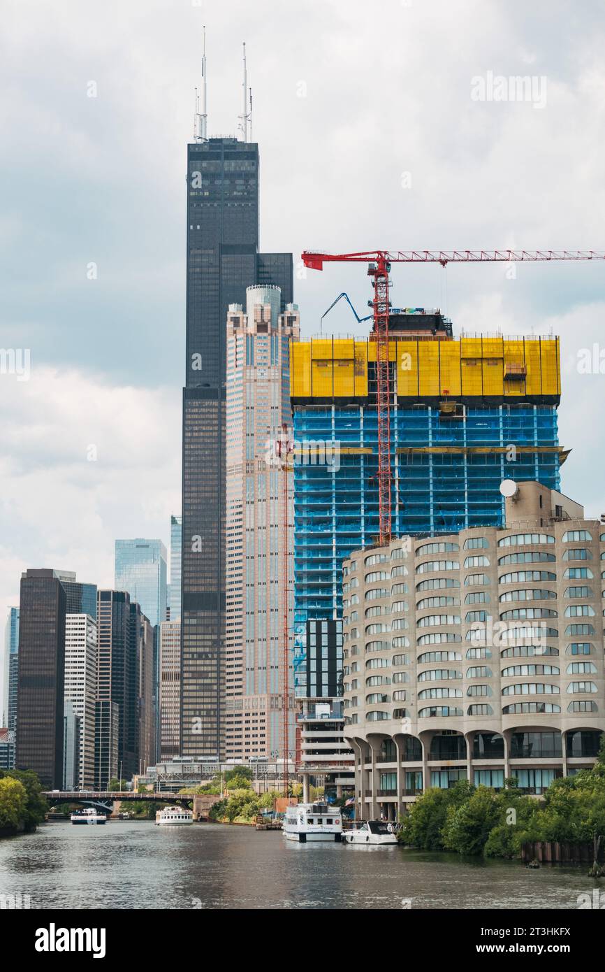on the Chicago River looking north at Willis Tower, a new high rise ...