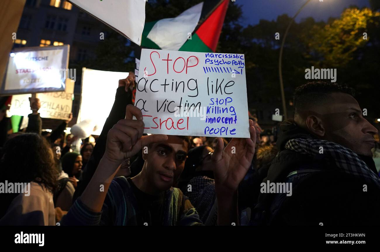 25 October 2023, Hamburg: Participants hold up pro-Palestinian posters ...