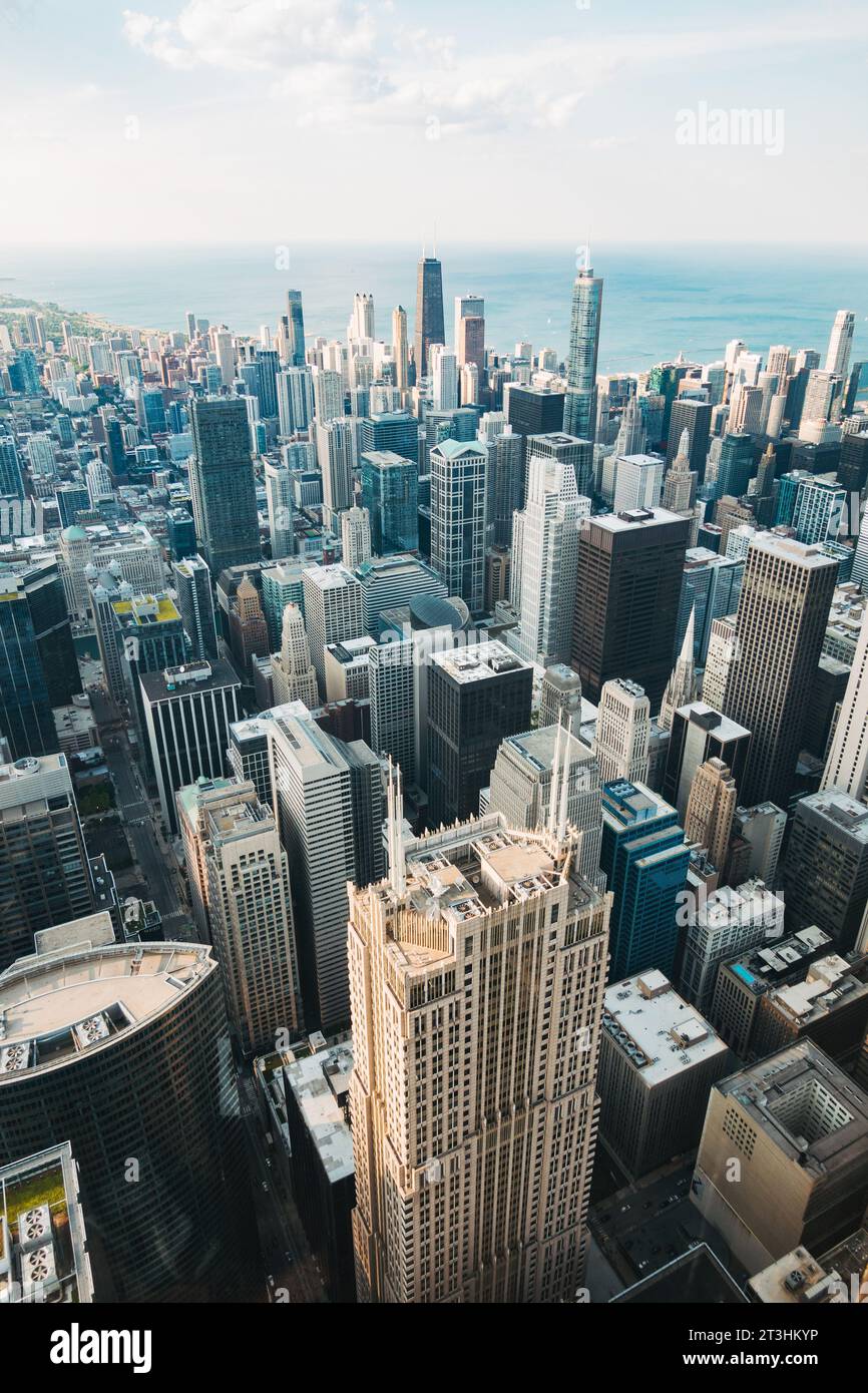 looking out over the skyscrapers and high rises of Chicago toward Lake ...