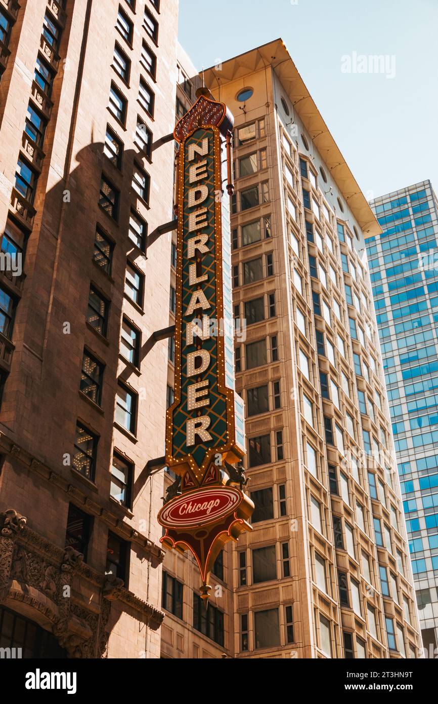 the vertical sign of the James M. Nederlander Theatre in Chicago ...