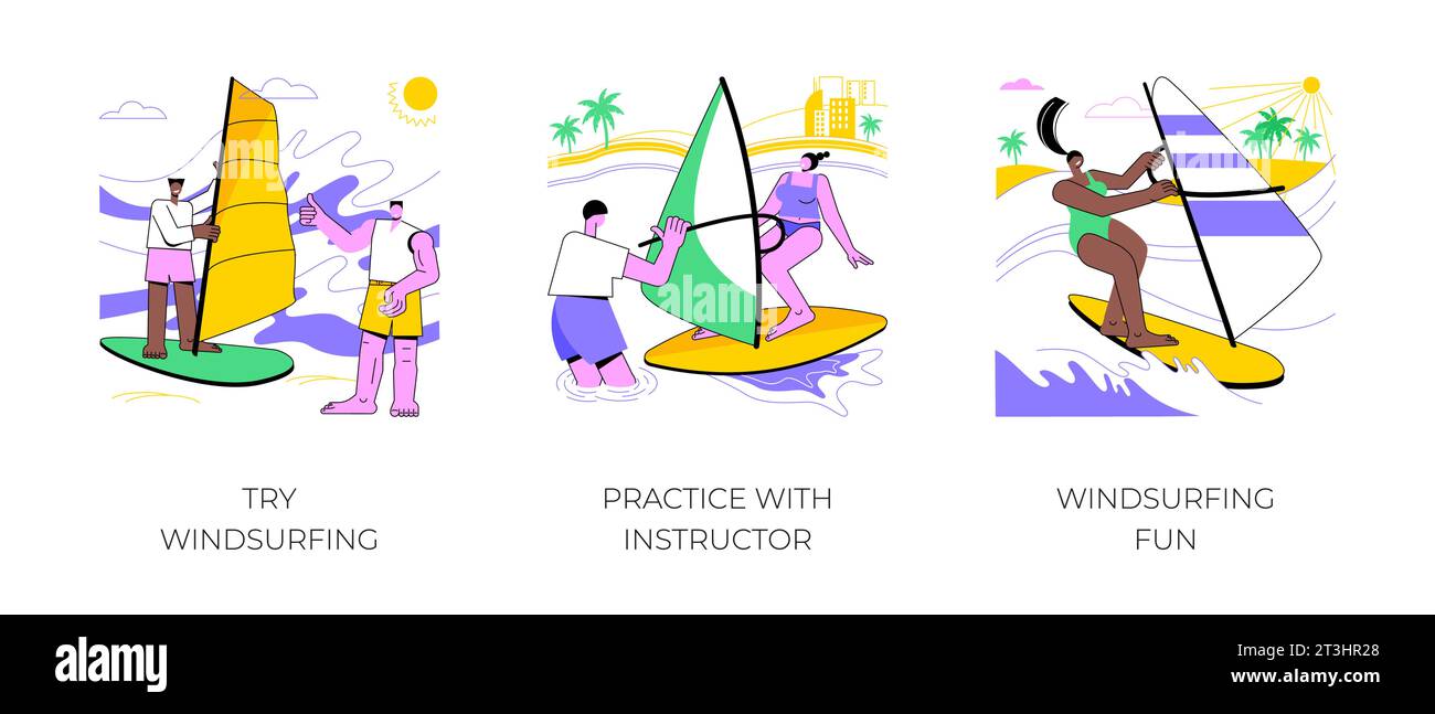 Windsurfing isolated cartoon vector illustrations set. Man having first ...