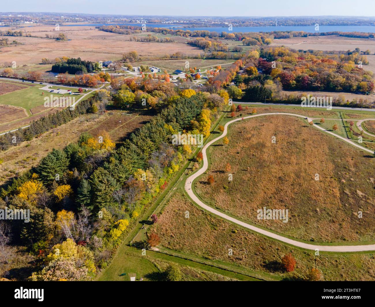 Aerial photograph of Lake Farm Park and the Capital City Trail on a ...