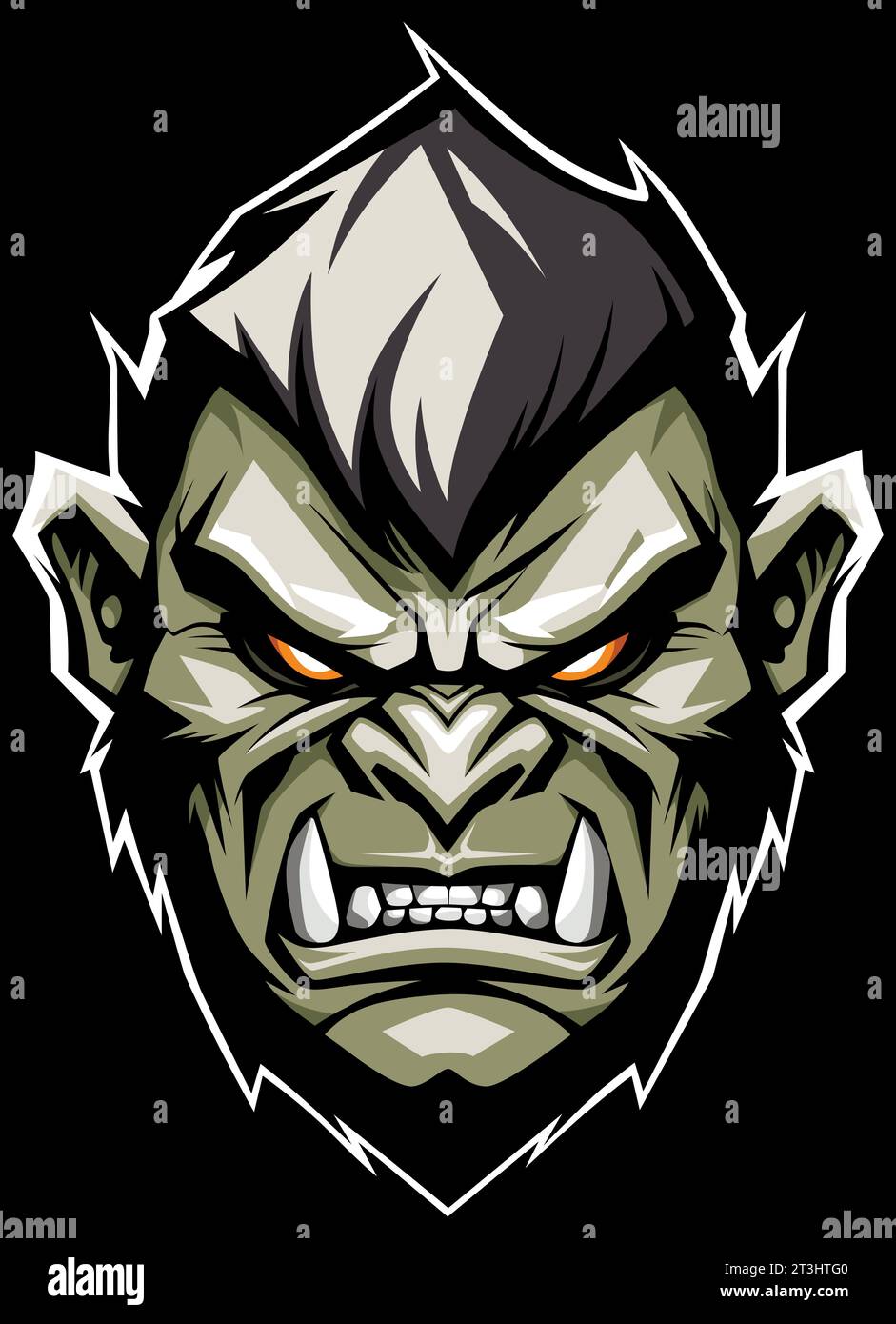 Green-skinned, fierce orc face displays sharp teeth and glowing orange ...