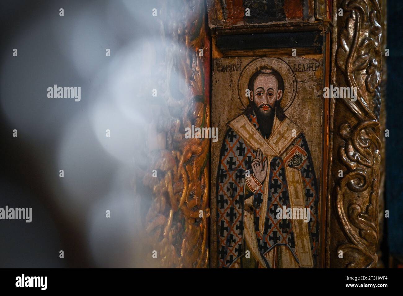 Non Exclusive: STARA SKVARIAVA, UKRAINE - OCTOBER 24, 2023 - An icon is part of the iconostasis ...