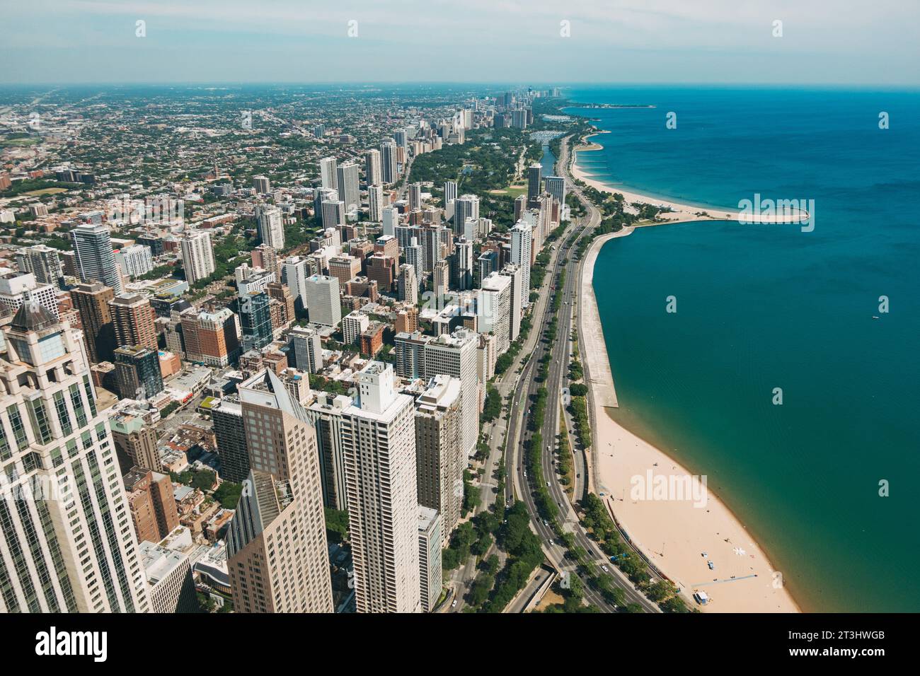 looking out over Oak Street Beach, Lake Michigan and the suburb of Gold ...