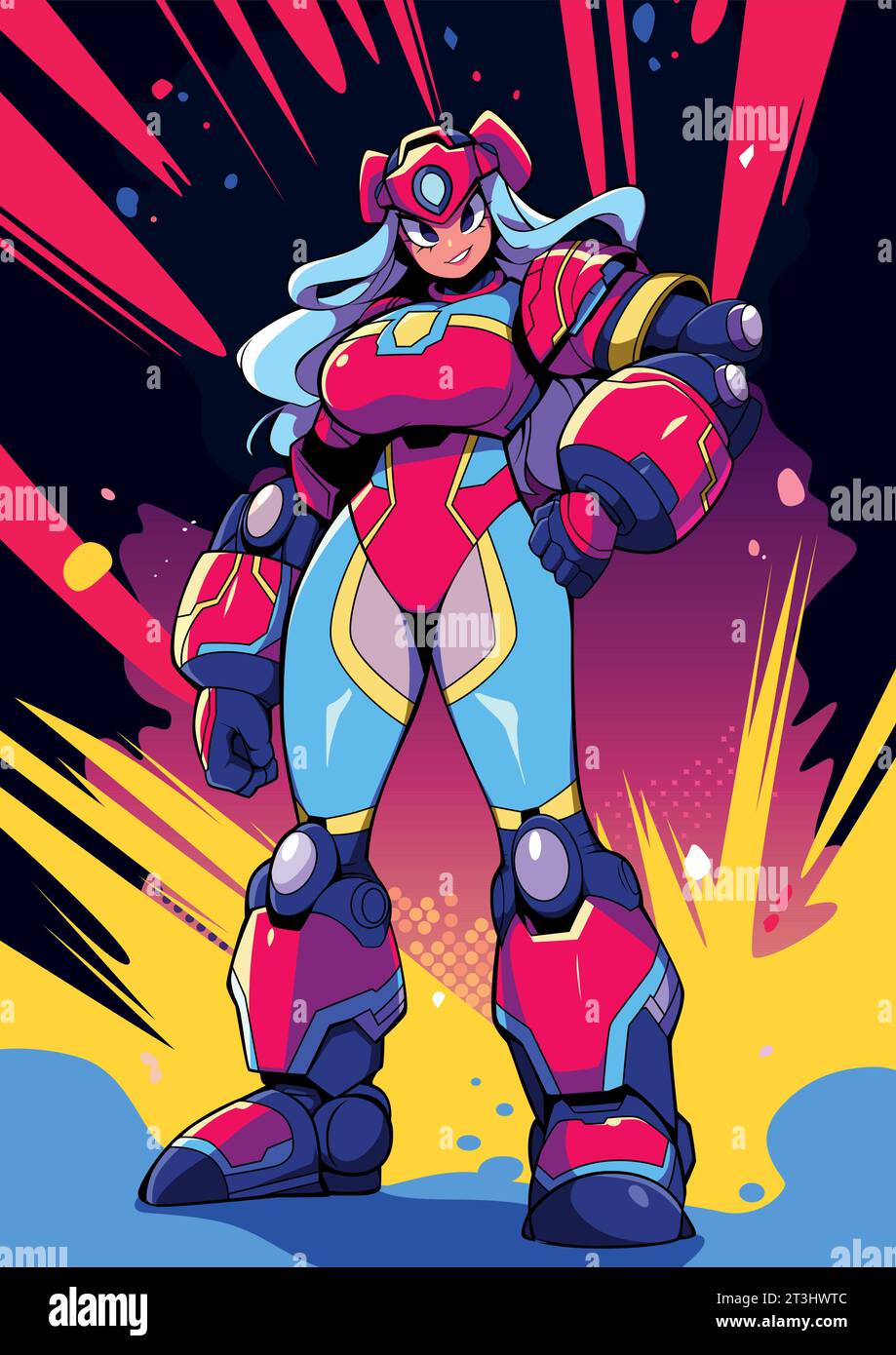 Manga style illustration of confident female character in vibrant mech ...