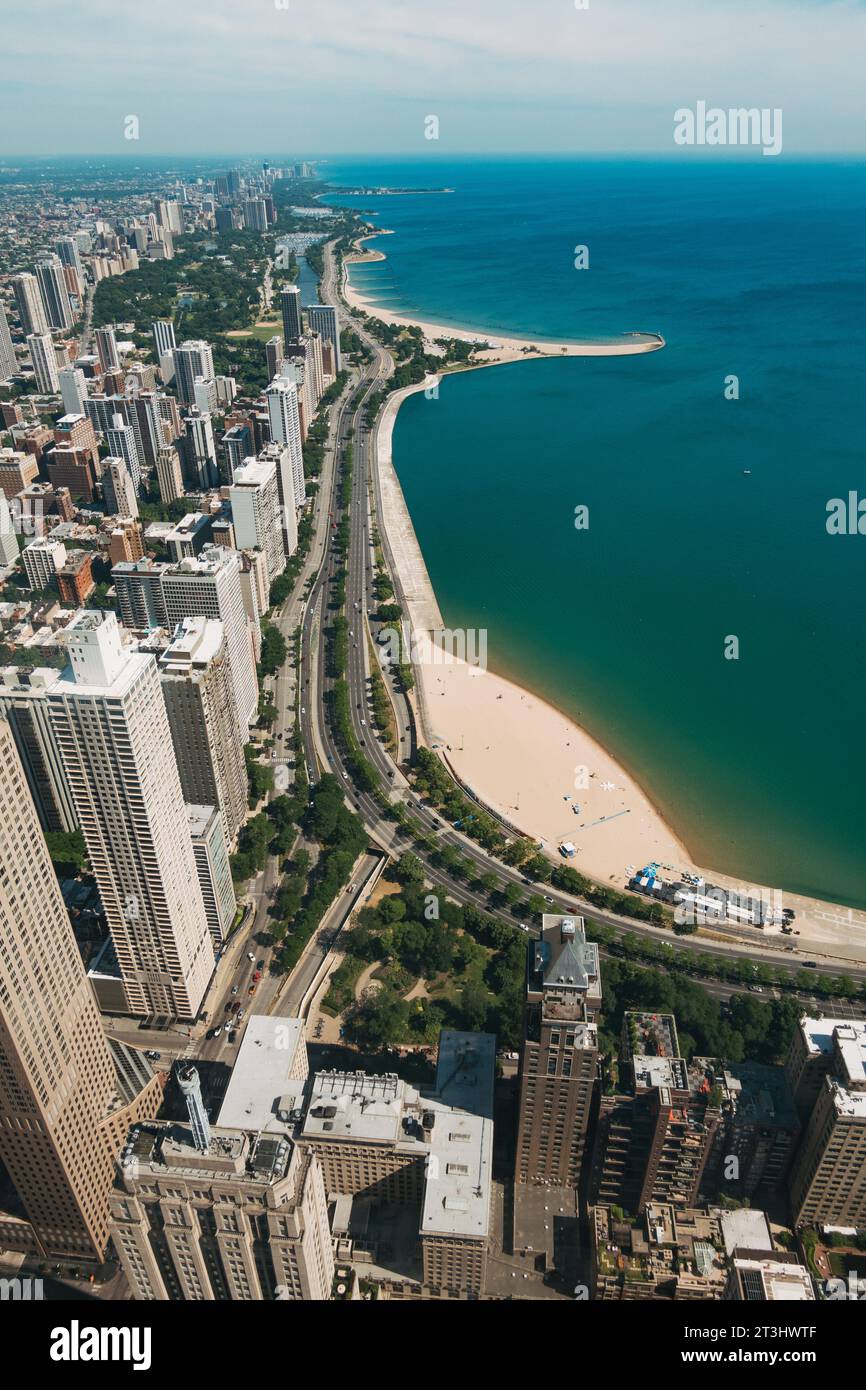 looking out over Oak Street Beach, Lake Michigan and the suburb of Gold ...