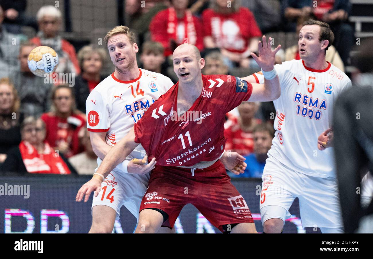 Kolstad's Sander Sagosen against Aalborg Haandbold's Simon Hald Jensen ...