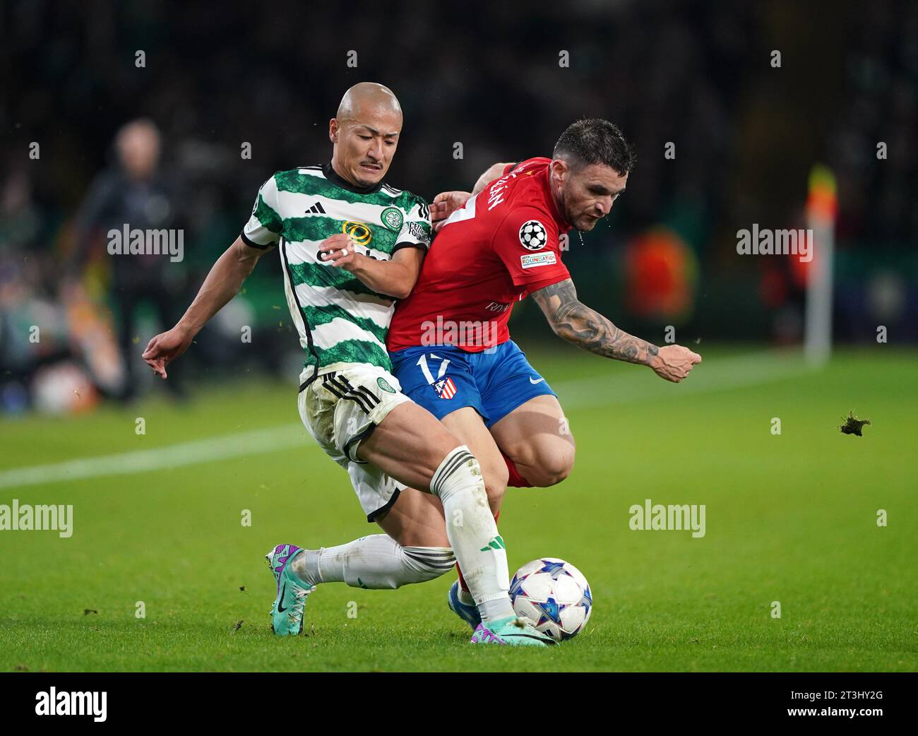 Celtic's Daizen Maeda (left) and Atletico Madrid's Javi Galan battle ...