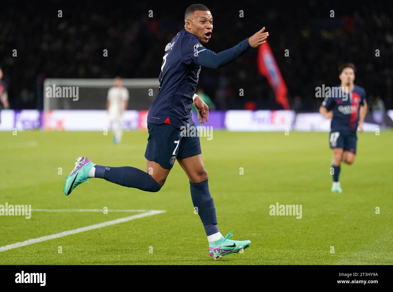 PSG's Kylian Mbappe celebrates scoring their side's first goal of the ...