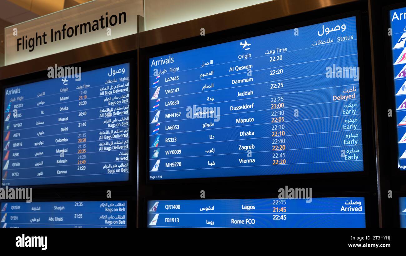 On October 06, 2023, in Doha, Qatar, flight details are exhibited at ...