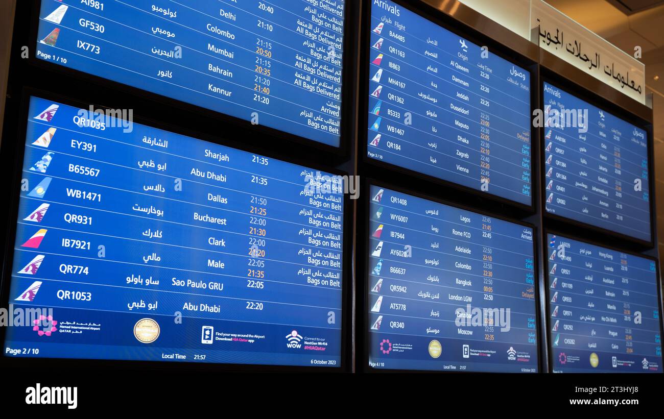 On October 06, 2023, in Doha, Qatar, flight details are exhibited at ...