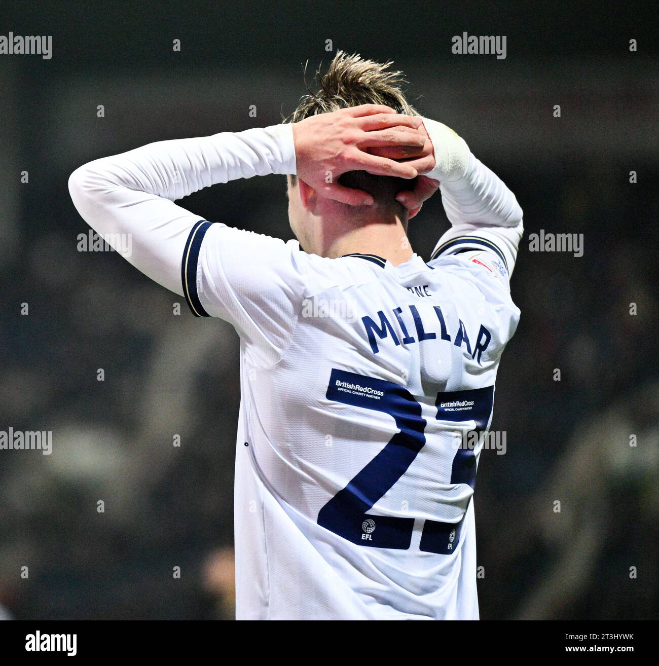 Liam Millar 23# of Preston North End Football Club has his hands on his ...