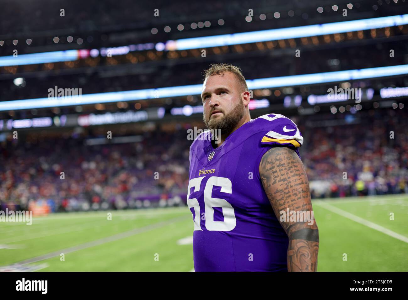 Minnesota Vikings guard Dalton Risner (66) during warm ups before an ...