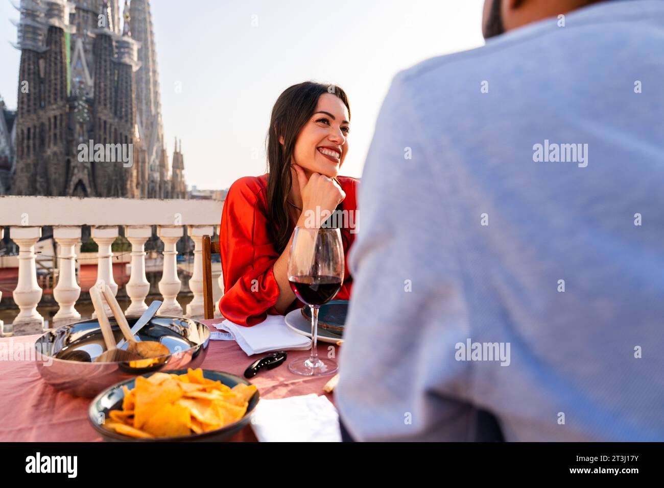 Multiracial beautiful happy couple of lovers dating on rooftop balcony ...