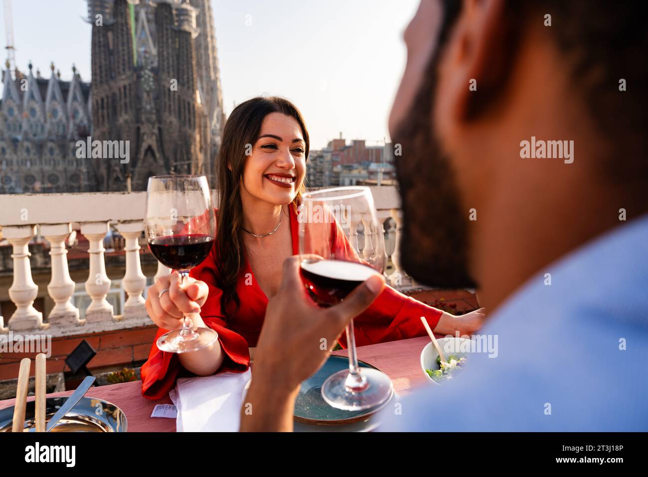 Multiracial beautiful happy couple of lovers dating on rooftop balcony ...