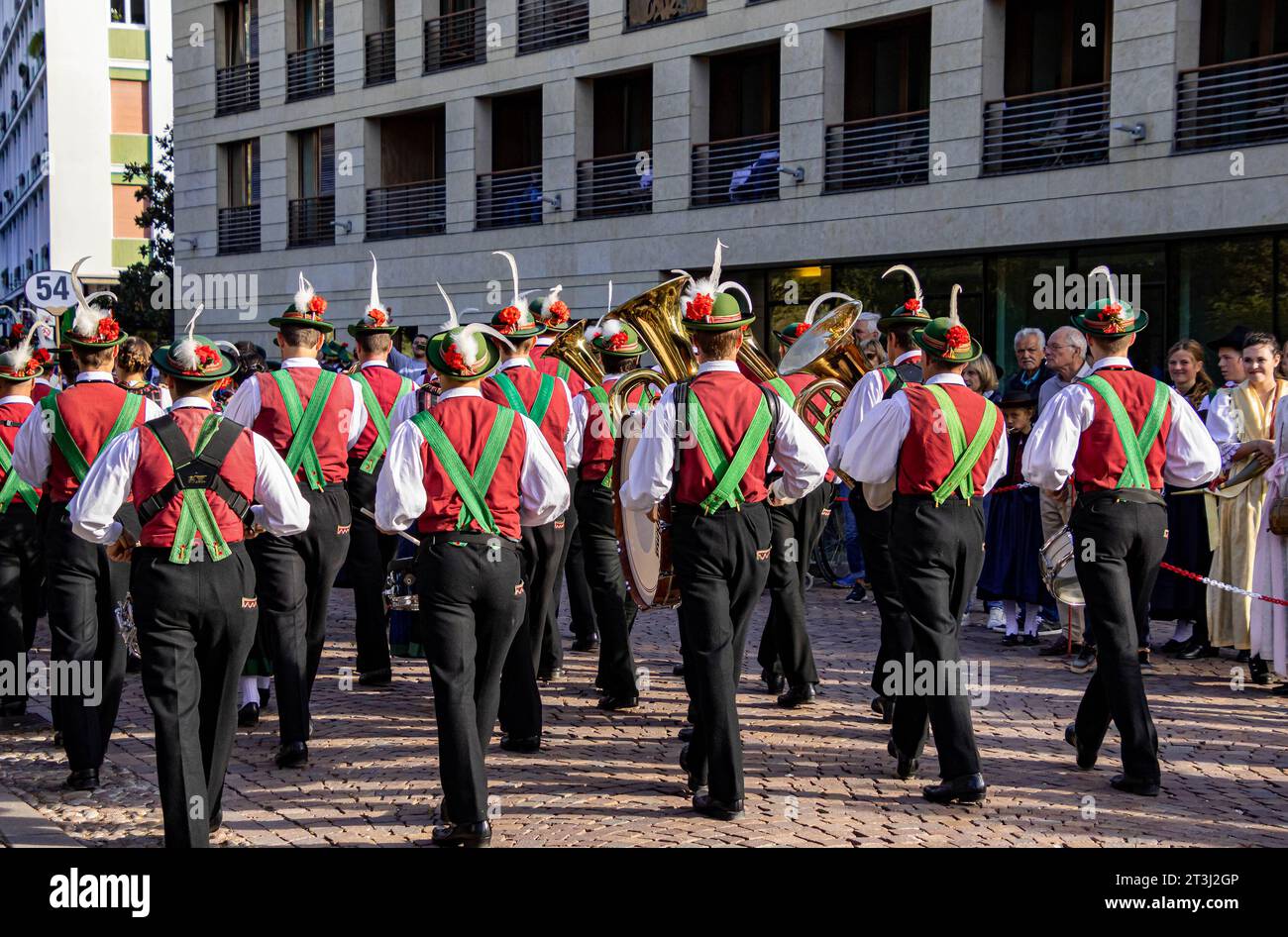 Meran, South Tyrol, Italy - 15 October 2023 Traditional parade of music ...