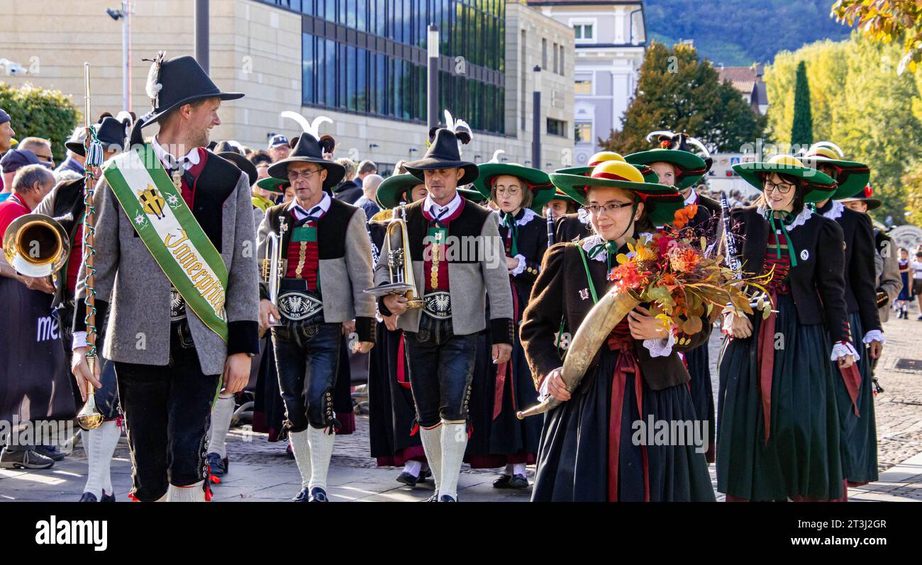 Meran, South Tyrol, Italy - 15 October 2023 Traditional parade of music ...