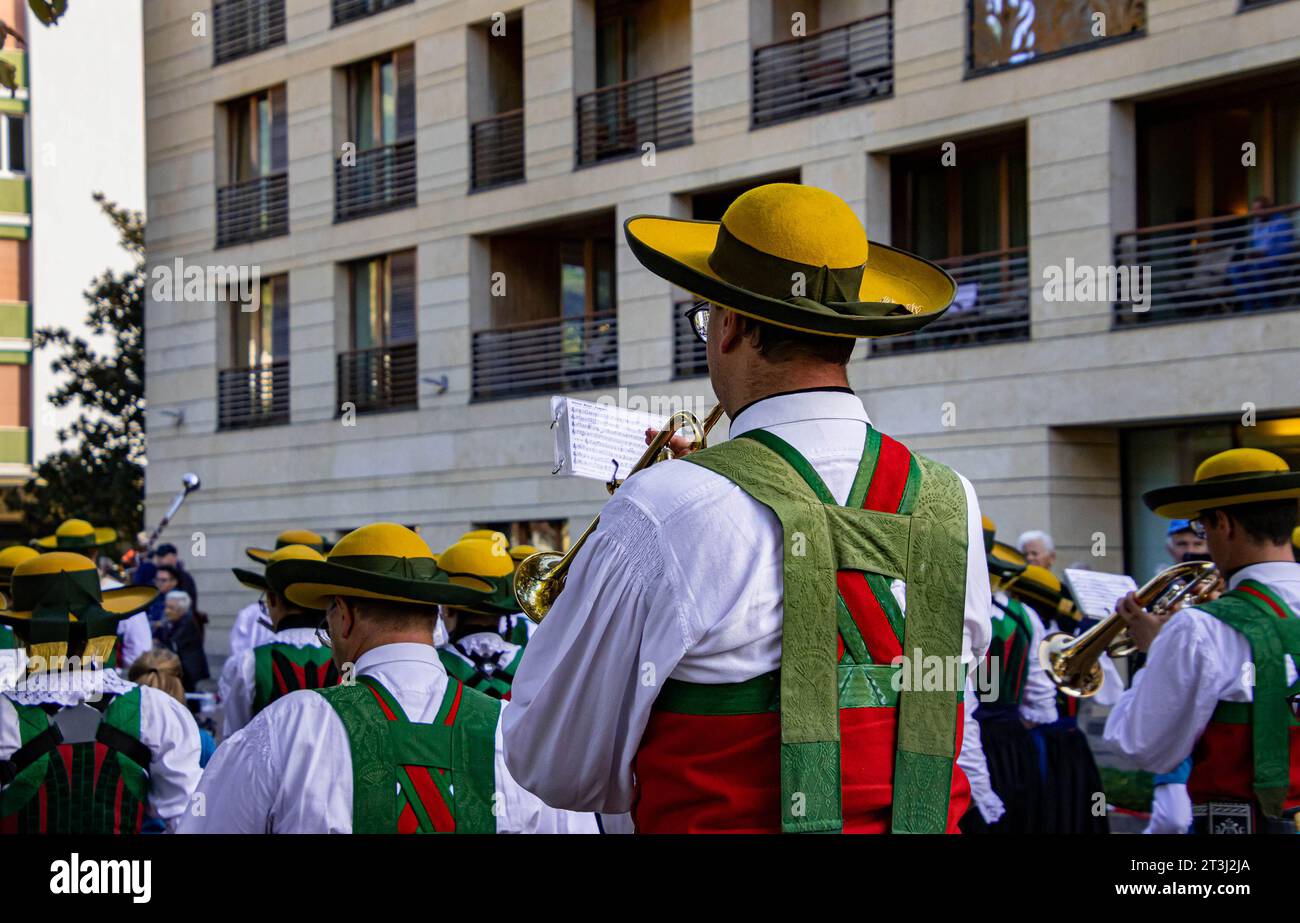 Meran, South Tyrol, Italy - 15 October 2023 Traditional parade of music ...