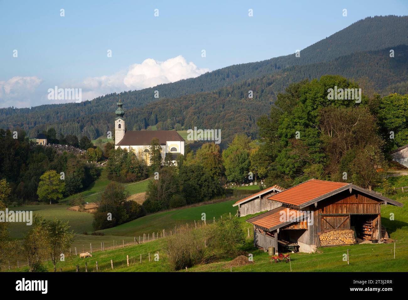 Church and barn in the landscape of the Bavarian Alps Stock Photo - Alamy