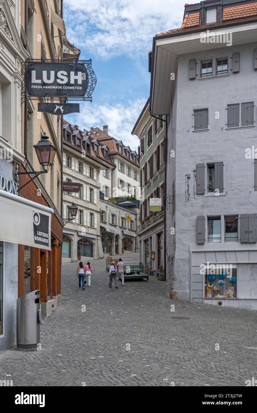 LAUSANNE, SWITZERLAND - JUNE 18, 2023: Typical Building and street at ...
