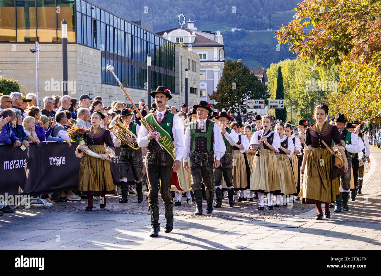 Meran, South Tyrol, Italy - 15 October 2023 Traditional parade of music ...