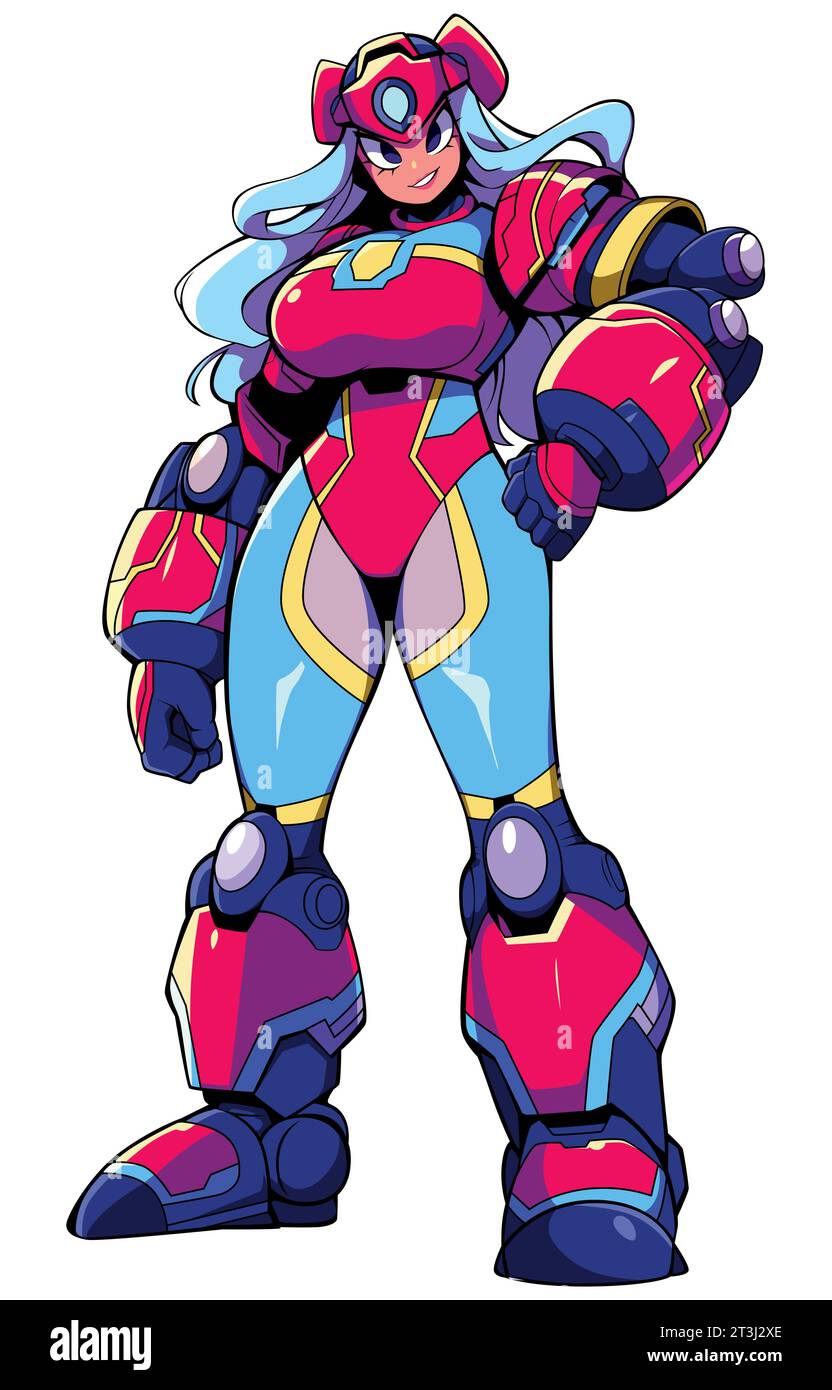 Manga style illustration of confident female character in vibrant mech ...