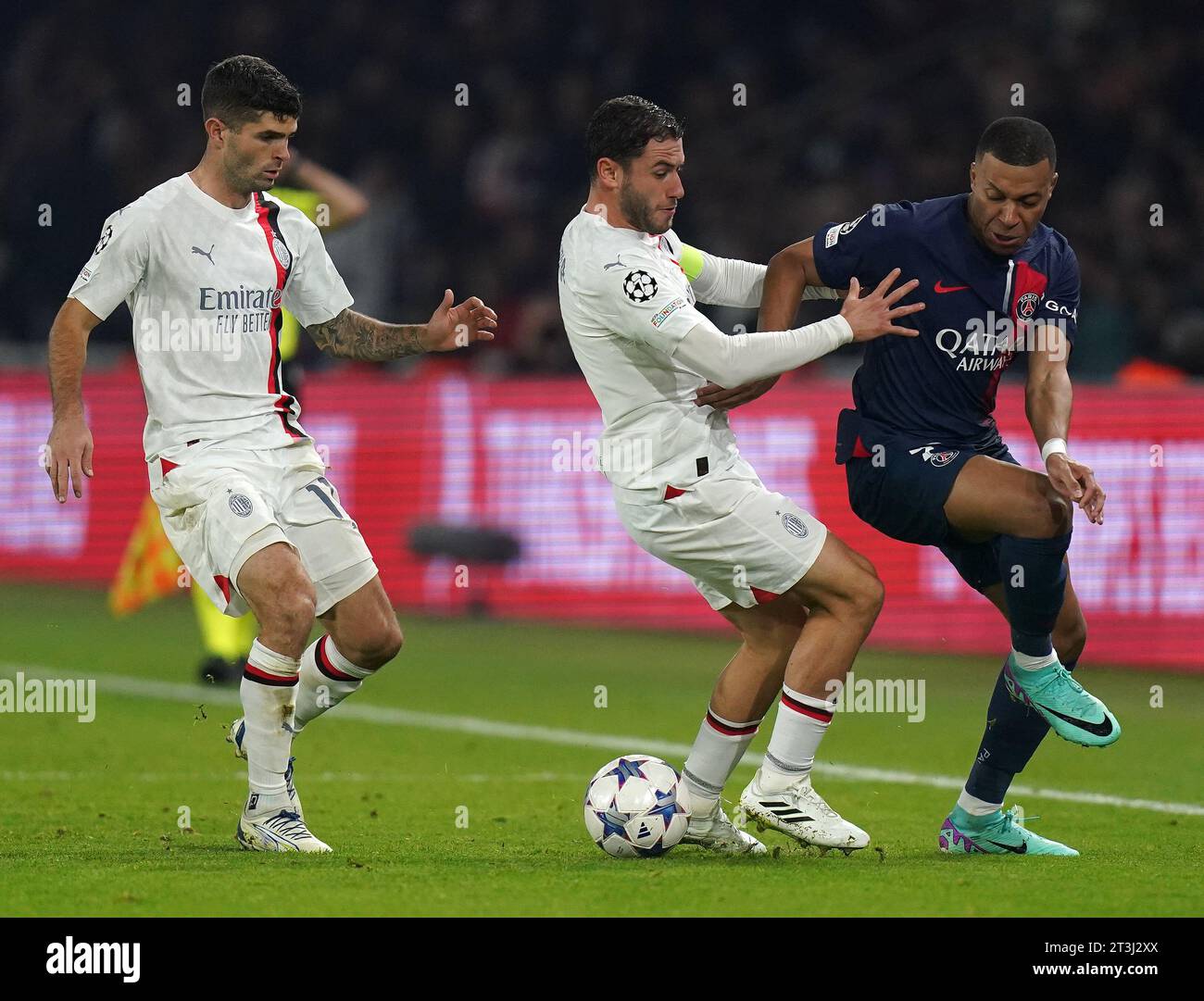 PSG's Kylian Mbappe in action against AC Milan's Davide Calabria ...