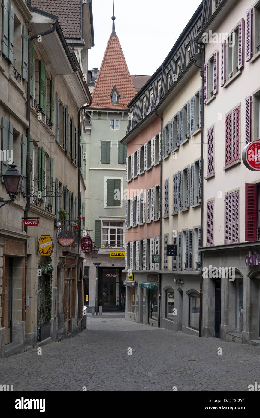 LAUSANNE, SWITZERLAND - JUNE 18, 2023: Typical Building and street at ...