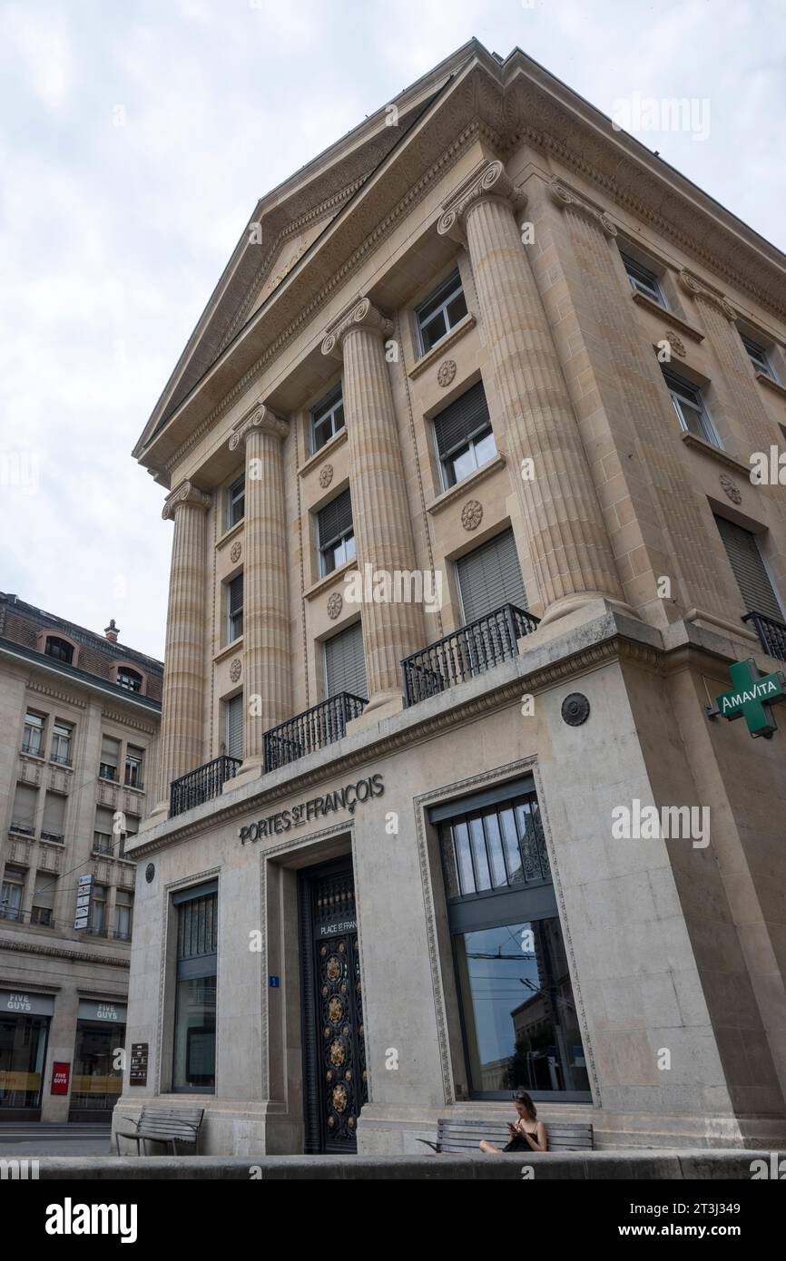 LAUSANNE, SWITZERLAND - JUNE 18, 2023: Typical Building and street at ...