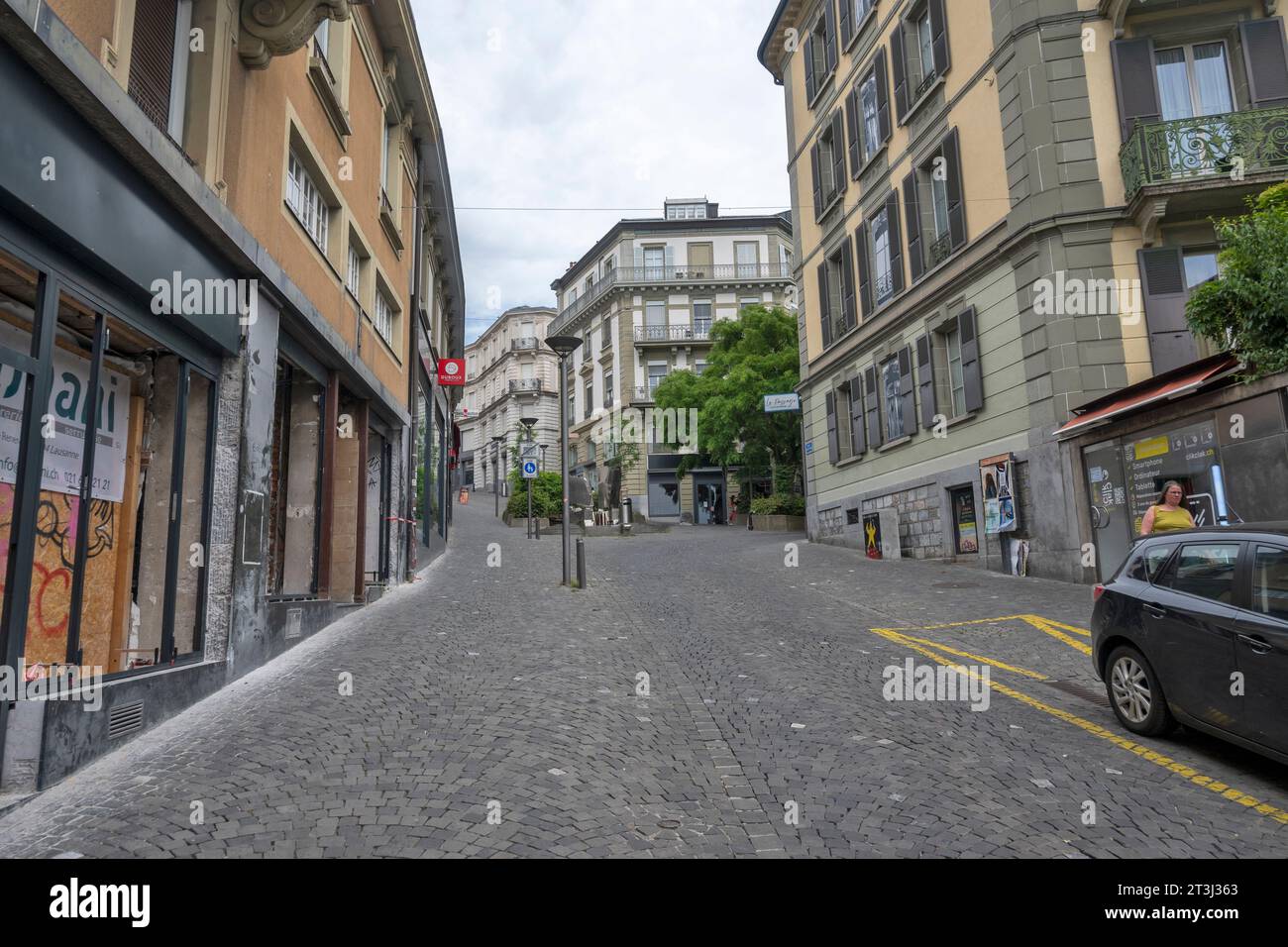 LAUSANNE, SWITZERLAND - JUNE 18, 2023: Typical Building and street at ...