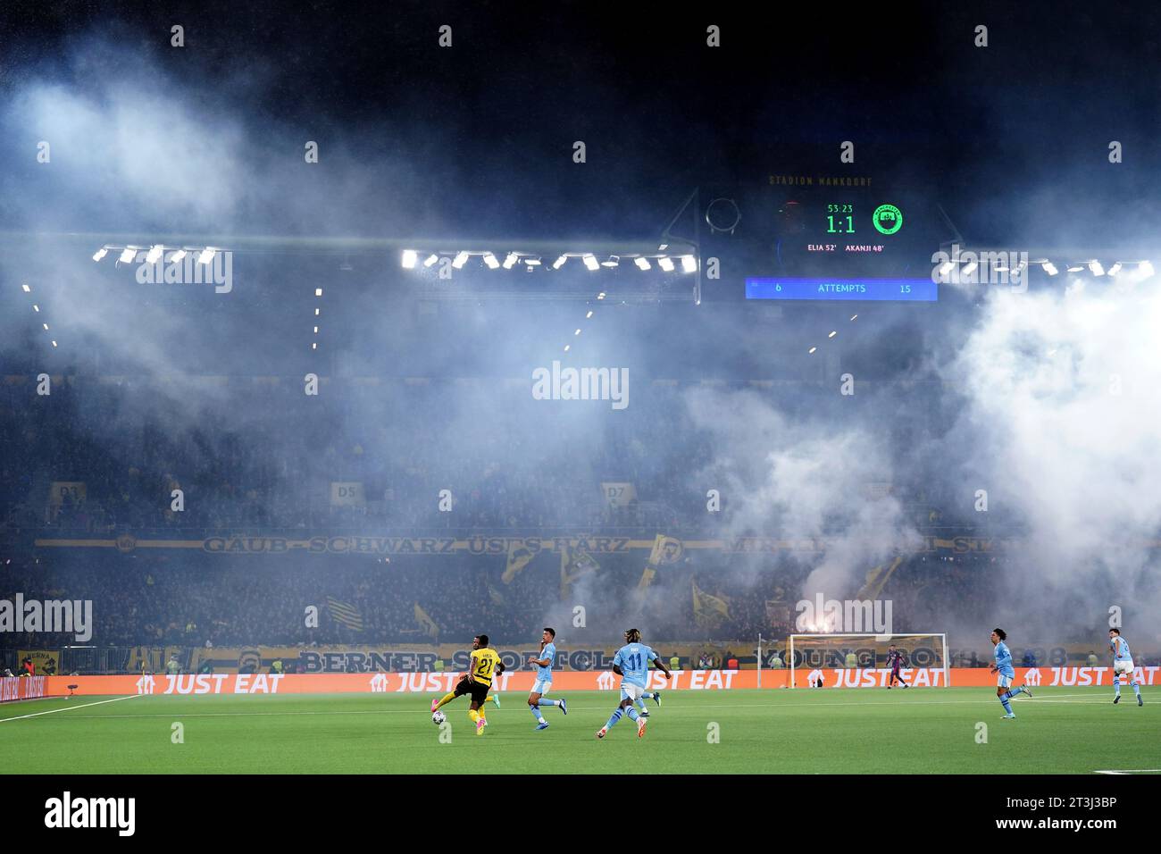 A general view as smoke drifts across the pitch during the UEFA ...