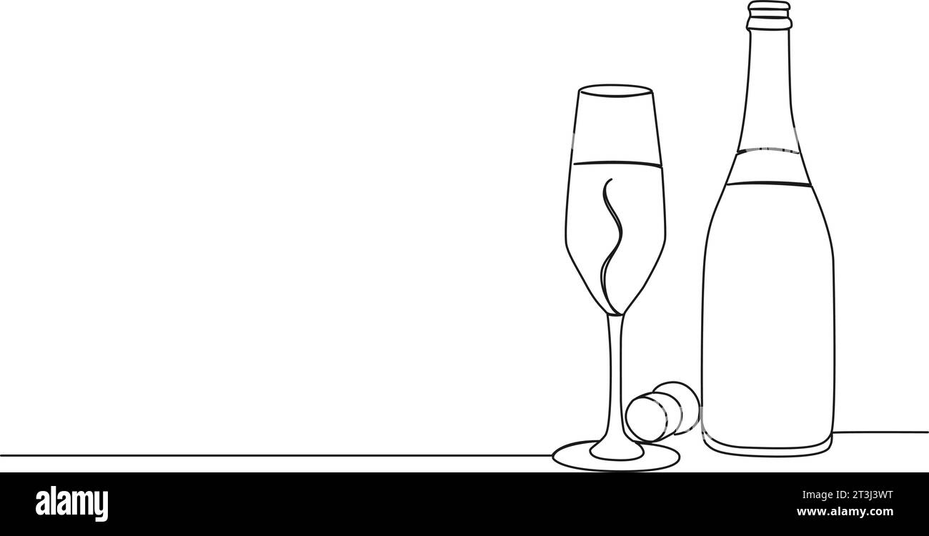 continuous single line drawing of bottle of sparkling wine and champagne glass, line art vector ...