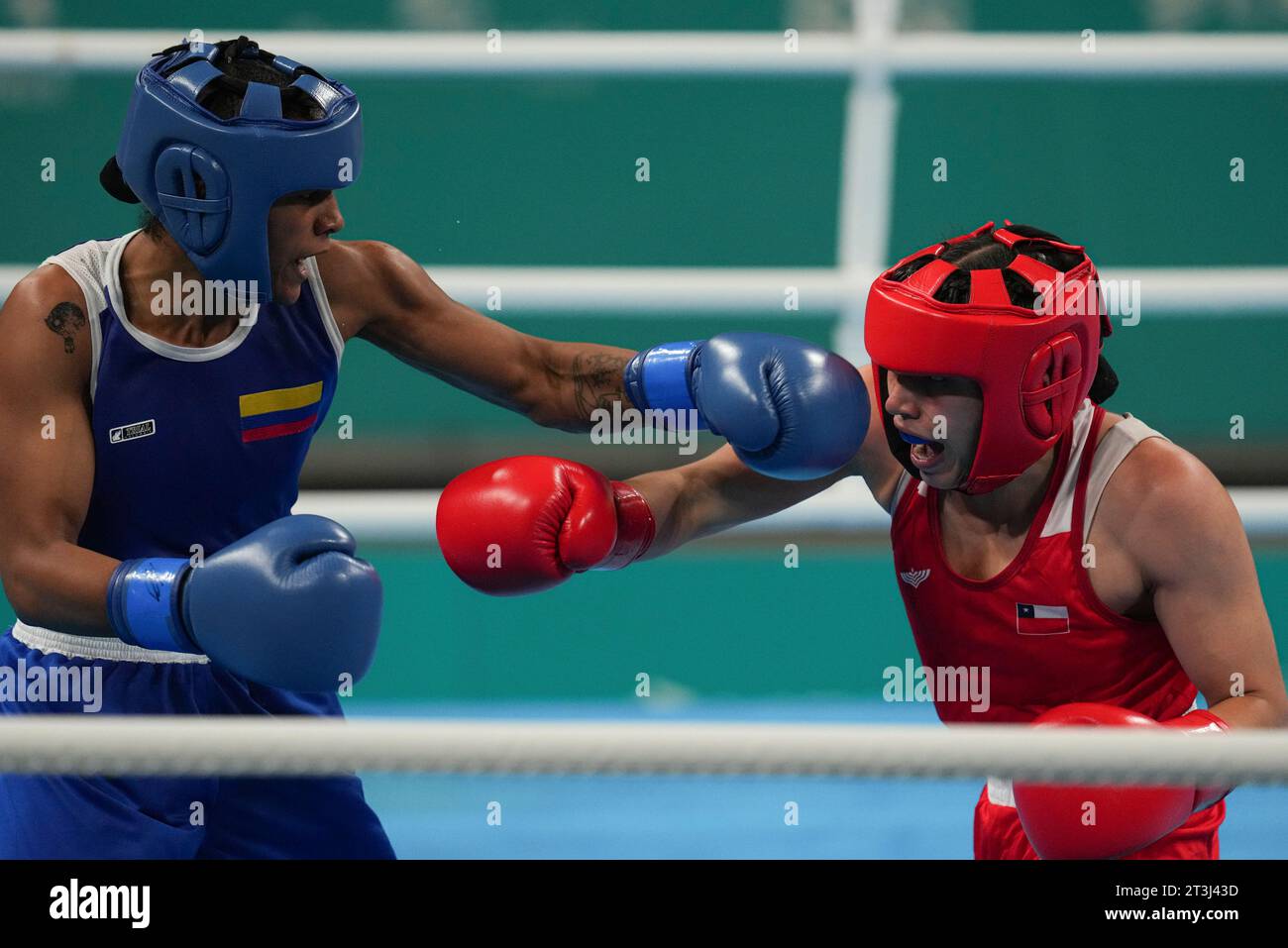 Colombia's Valeria Arboleda, left, fights Chile's Tamara Maturana during a Pan American Games ...
