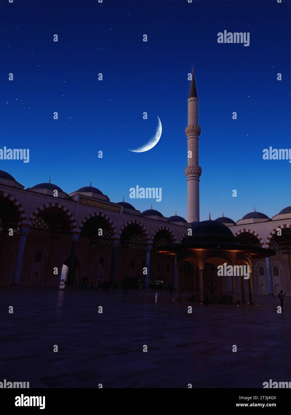 Mosque minaret moon and stars at night time Stock Photo - Alamy