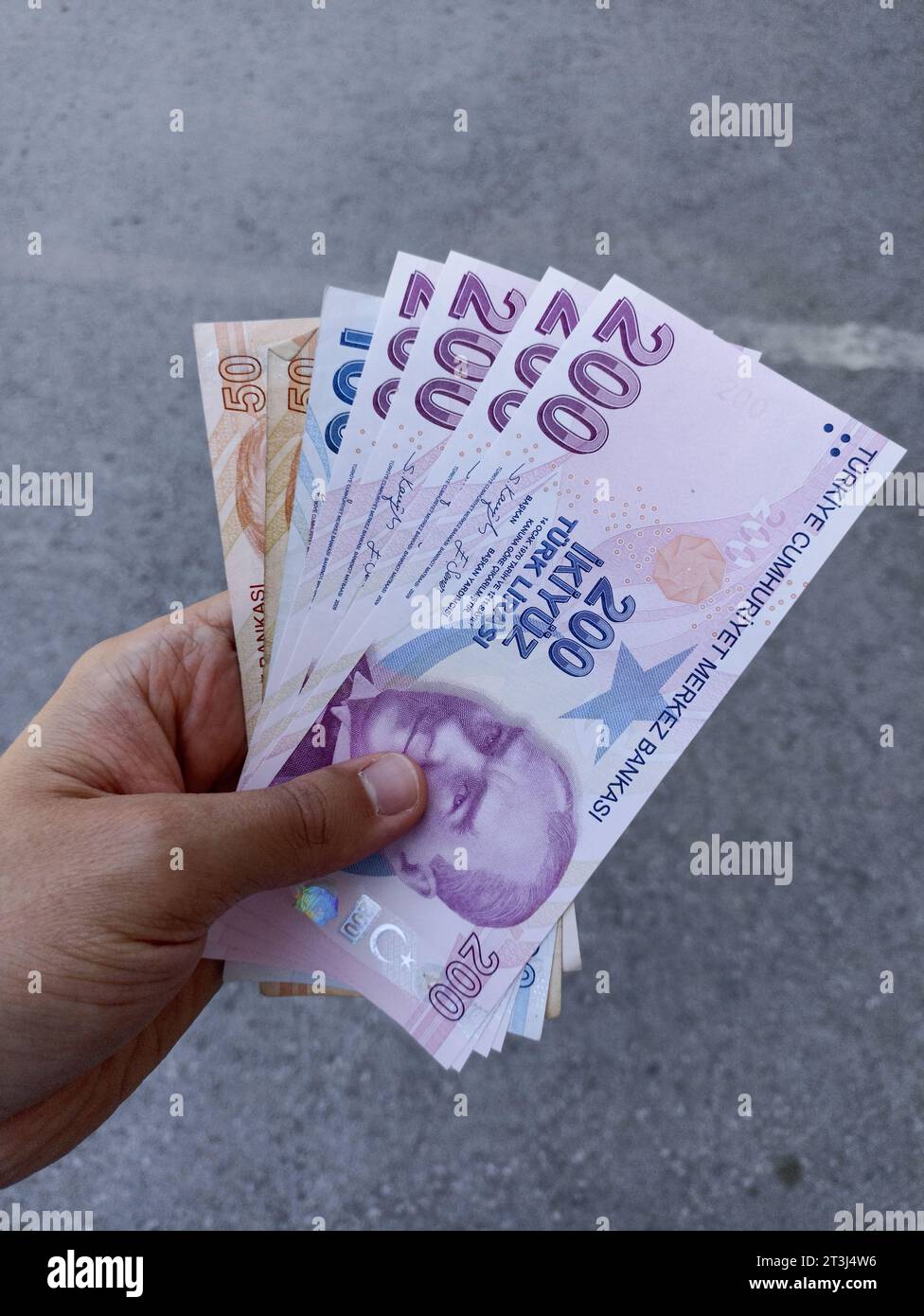 Turkish banknotes in male hand. 200 and 100 Turkish Liras Stock Photo ...