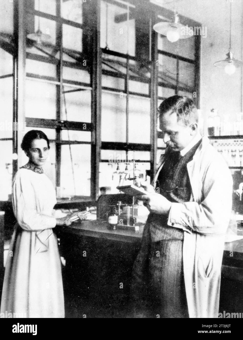 Austrian-born physicist Lise Meitner and Otto Hahn at laboratory ...