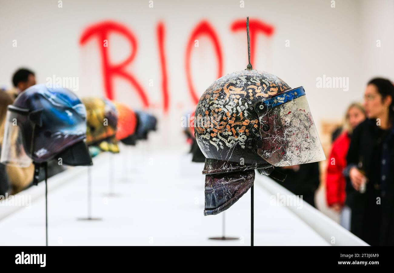 London, UK. 25th Oct, 2023. The helmet by artist Parham Ghalamdar with ...