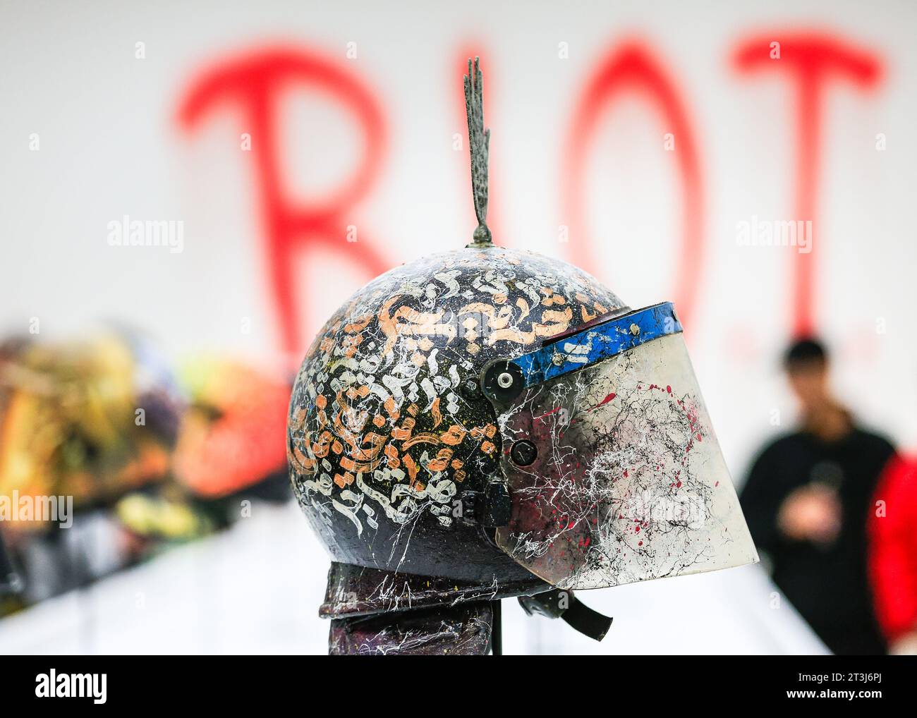 London, UK. 25th Oct, 2023. The helmet by artist Parham Ghalamdar with ...